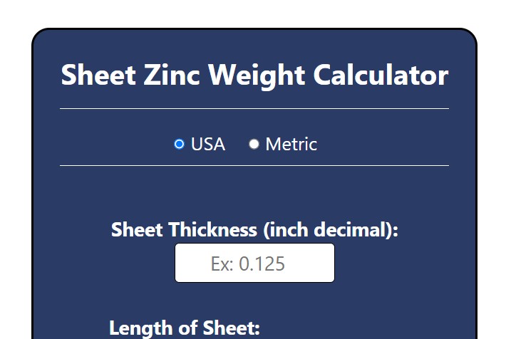 Sheet Zinc Weight Calculator and Thickness & Weight Chart