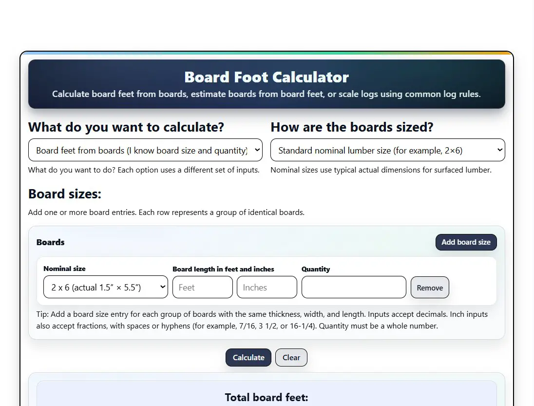 Board Foot Calculator – Lumber, Boards, and Log Rules